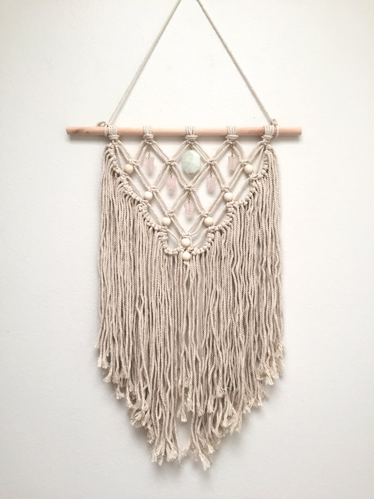 Aquamarine & Rose Quartz Macrame Wall Hanging – Samata Stones